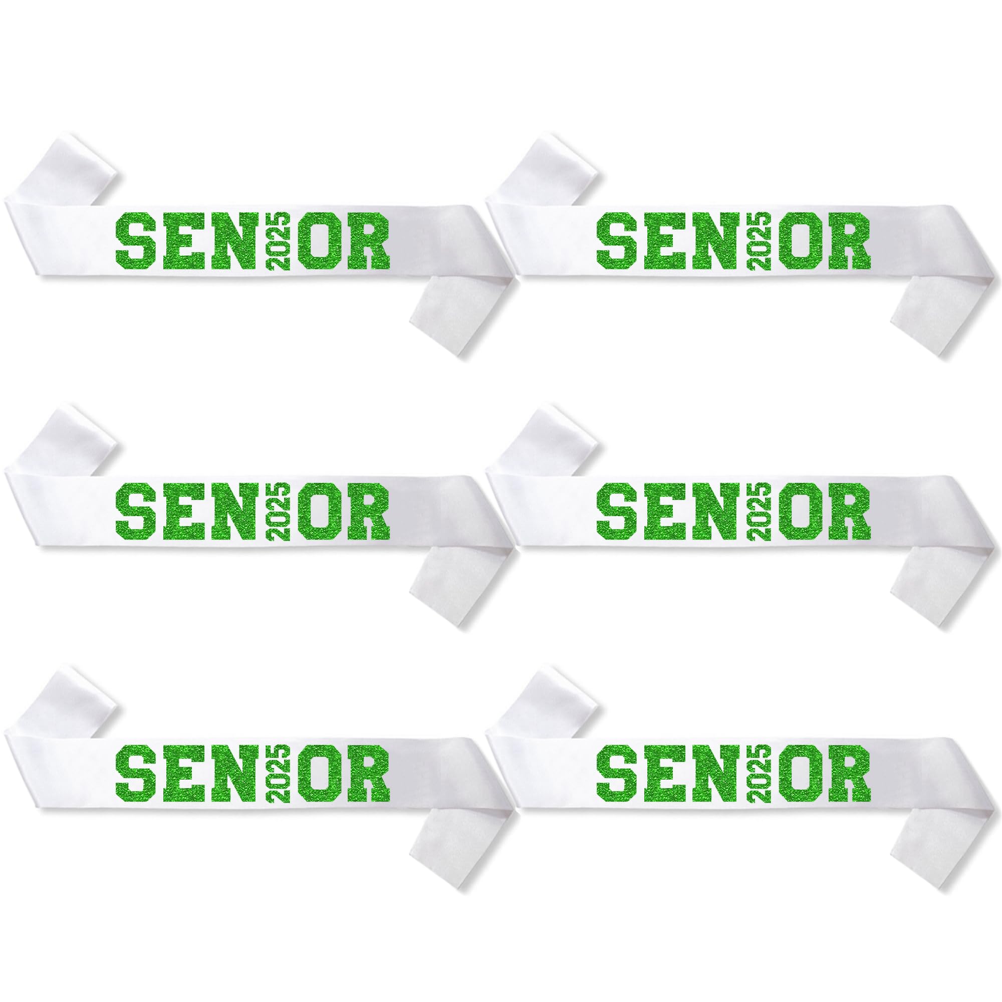 6Pcs White Senior 2025 Satin Sashes with Green Glitter Letters- 2025 Graduation Celebrations Sashes - Senior Cheer Sash - Cheerleader Sash - Class Competition Sashes