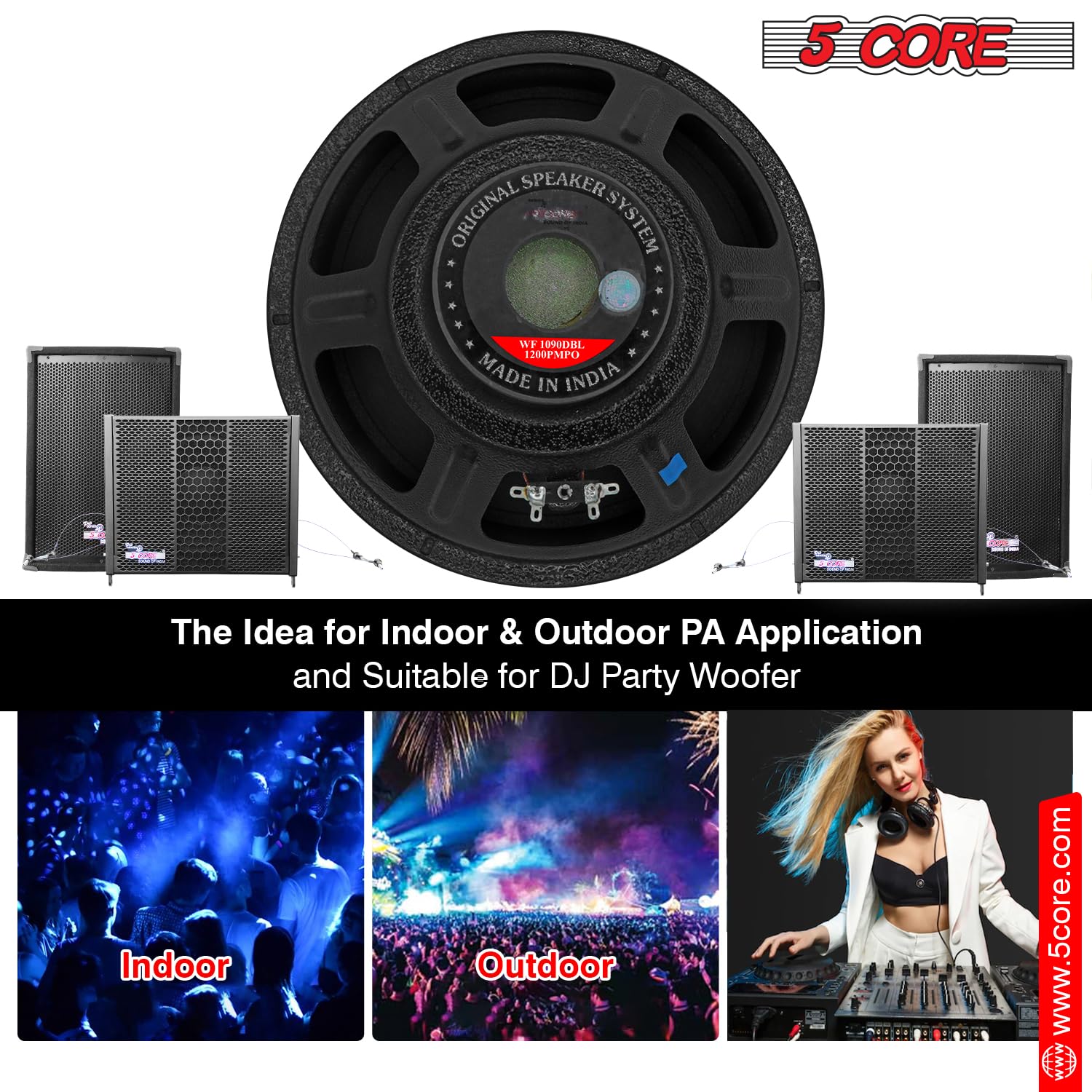 5 Core 10 Inch Subwoofer Speakers • 1200W Peak • 4 Ohm Replacement Car Sub Woofer w Powerful Bass • 1" Voice Coil • Double 13 Oz Magnet WF 1090 DBL