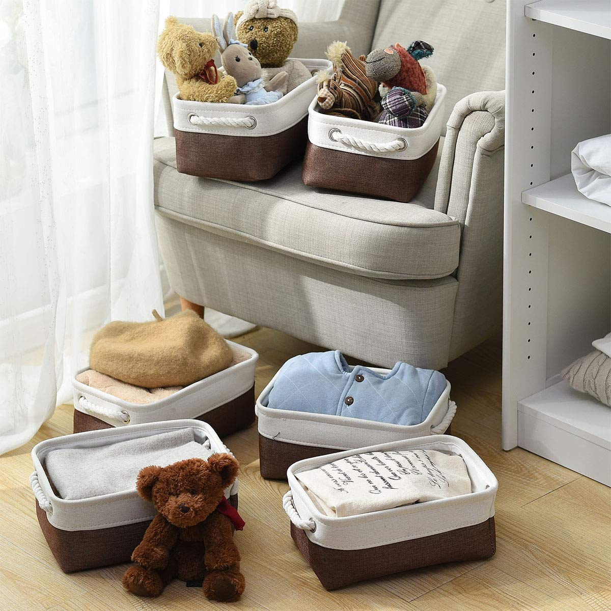 Sacyic Storage Baskets for Shelves, Fabric Baskets for Organizing, Collapsible Storage Bins for Closet, Nursery, Clothes, Toys, Home & Office [9-Pack, White&Brown]