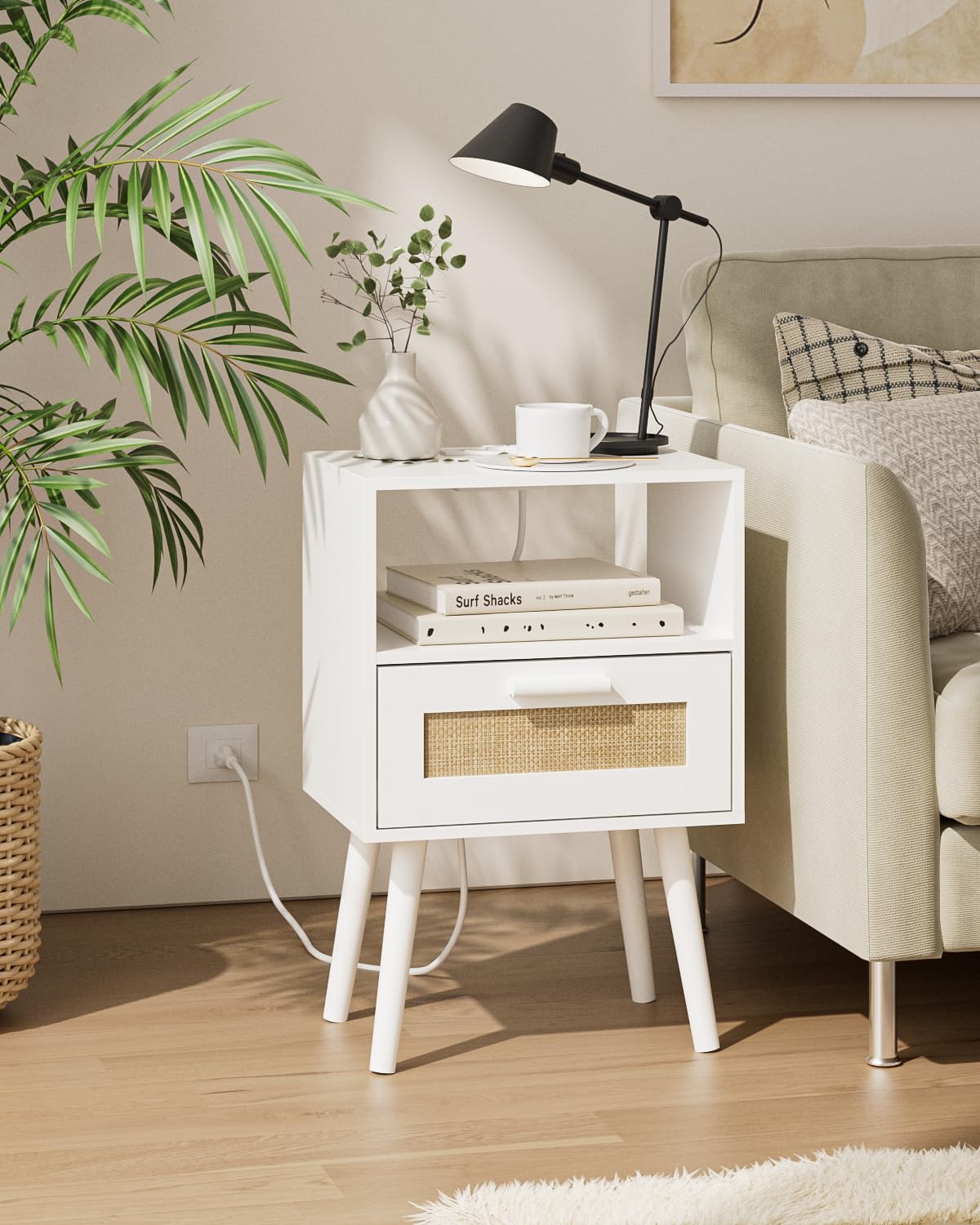 Aobafuir Nightstands with Charging Station, End Table, Rattan Nightstand, Side Table with Hand Made Rattan Decorated Drawers, Wood Accent Table with Storage for Bedroom,White
