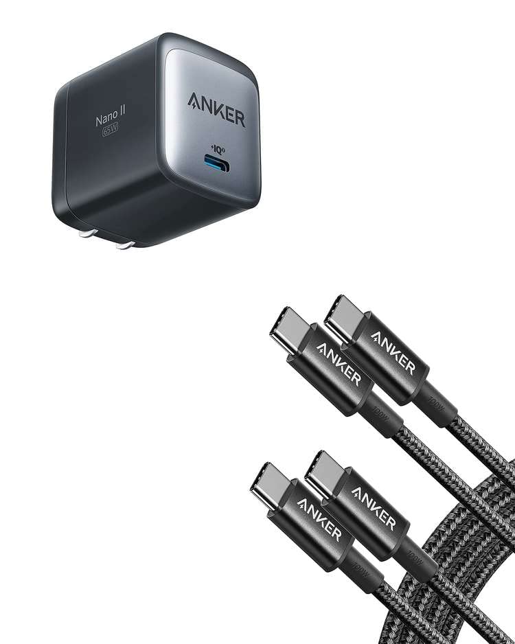 Anker 333 USB C to USB C Cable (6ft 100W, 2-Pack), USB 2.0 Type C Fast Charging Cable and Anker USB C Charger, 715 Charger (Nano II 65W), GaN II PPS Fast Compact Foldable Charger