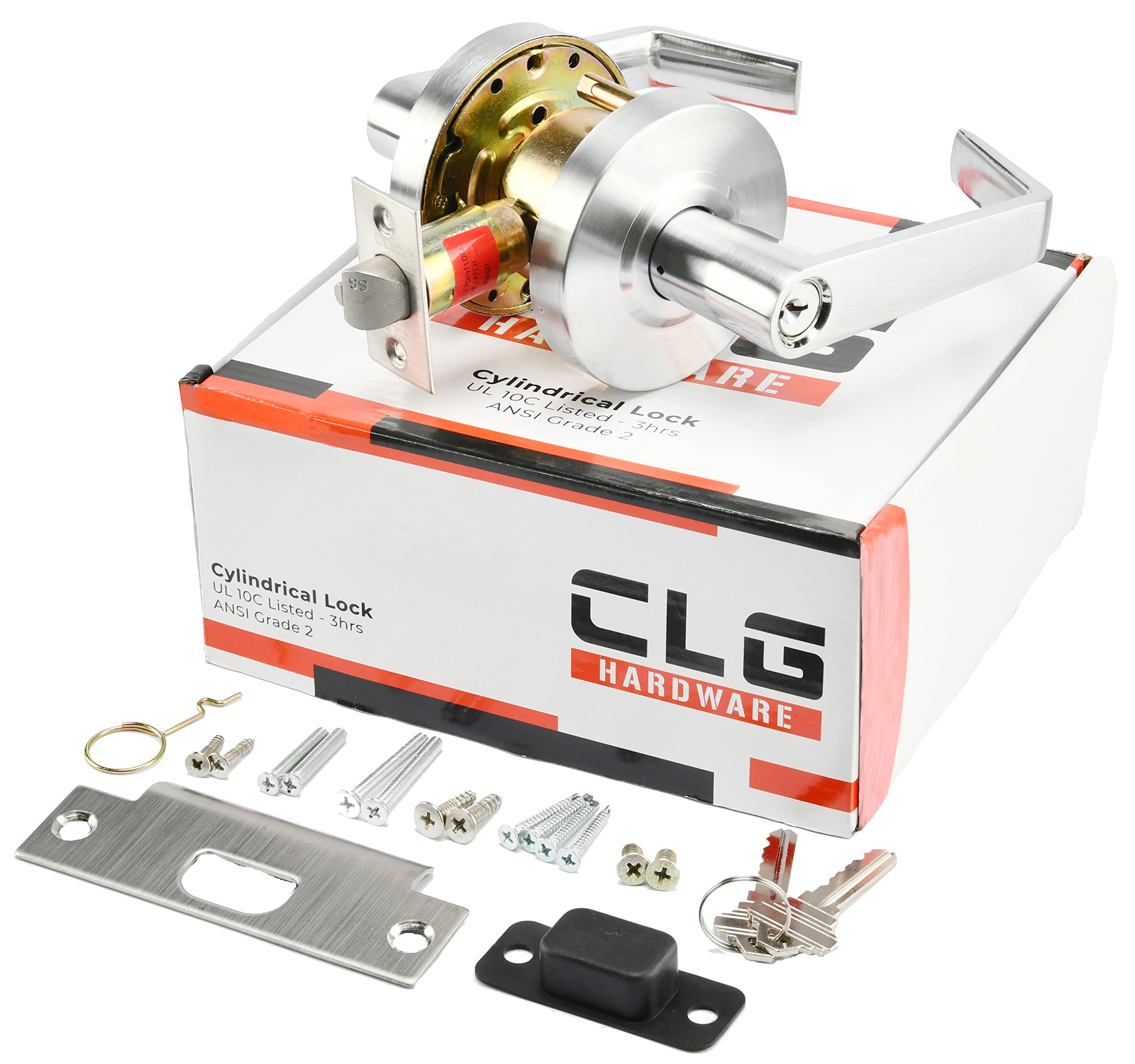 CLG HARDWARE Commercial Lever Door Lock - Heavy-Duty Locking Door Handle, Designer Door Handles, Cylindrical Lever Lock, Non-Handed Grade 2 Industrial Door Handle, 26D Satin Chrome, Classroom Function