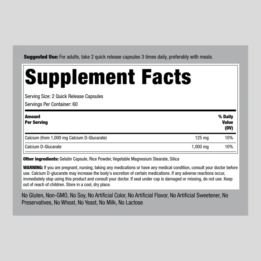 Calcium D Glucarate 1000mg | 120 Capsules | Non-GMO, Gluten Free Supplement | by Piping Rock