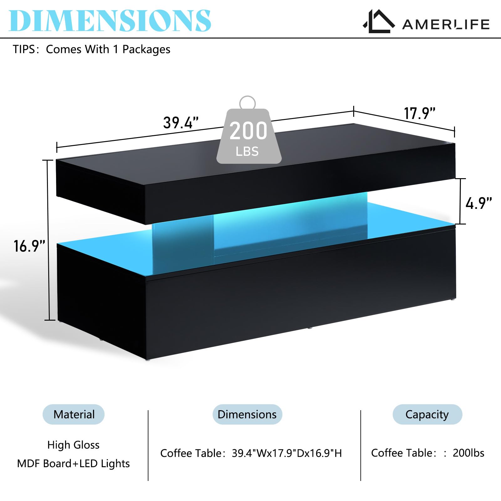 AMERLIFE High Gloss LED Coffee Table, Modern 2-Tier Center Table with LED Lights, Open Storage Space, 40in Simple Rectangular Sofa Side Table for Living Room, Black
