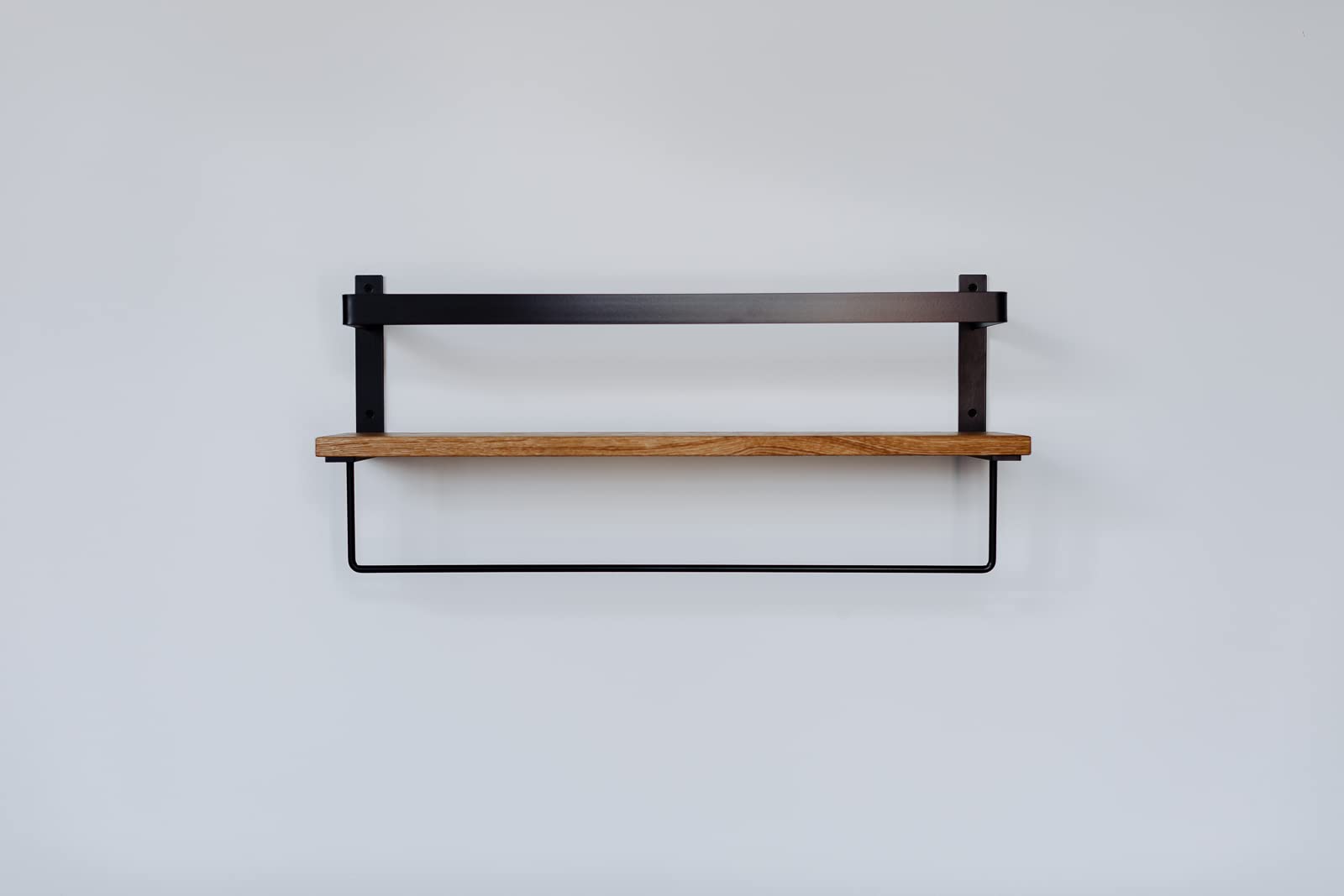 Wood Floating Shelves with Metal Towel Bar, Oak Kitchen Wall Storage Towel Rack, Bathroom Towel Holder, Wall Mounted Steel Towel Rack ETHIMO Bold I