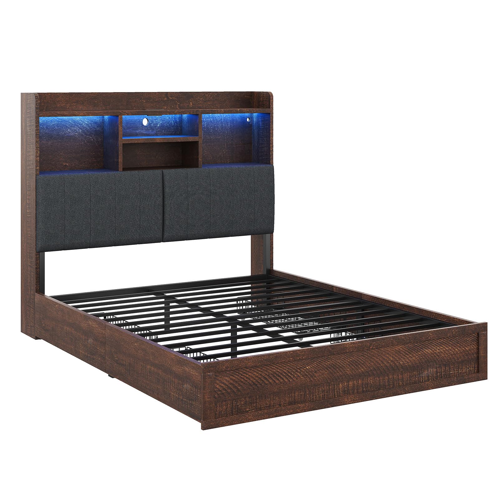 AMERLIFE King Size Platform Bed with 4 Storage Drawers, 51.2" Tall LED Bed Frame with Bookcase Headboard, Linen Upholstered, Charging Station & Hidden Storage Area, No Box Spring Needed, Rustic Black