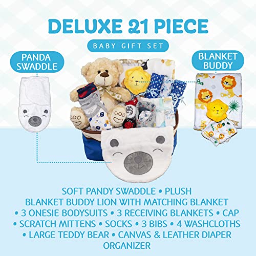 Joyful Arrival Deluxe Baby Boy Gift Set, Baby Layette Set with 21-Piece New Baby Essentials and Canvas Diaper Organizer for Expecting Moms and New Parents, Blue - Nikki’s Gift Baskets
