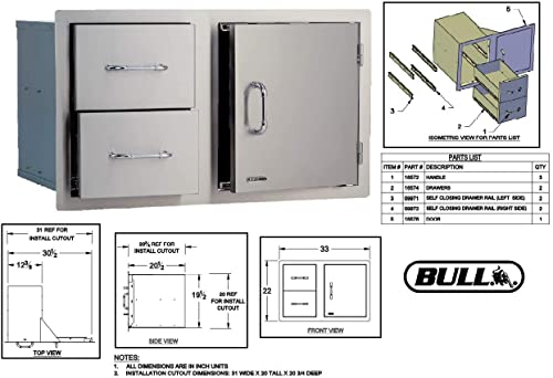 AMS Bull Grill 30" Angus BBQ Grill with Bull Single Side Burner, 30'' Door/Drawer Combo, Single Drawer, Sink and Cover… (Liquid Propane) FREE Bio-Ethanol Table-top Fire pit