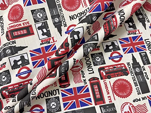 AMORNPHAN 45 Inch London British Big Ben Bus Great England United Kingdom UK England Flag Country Printed Cotton Fabric for Patchwork Needlework DIY Handmade Sewing Crafting Home Decoration For 1 Yard