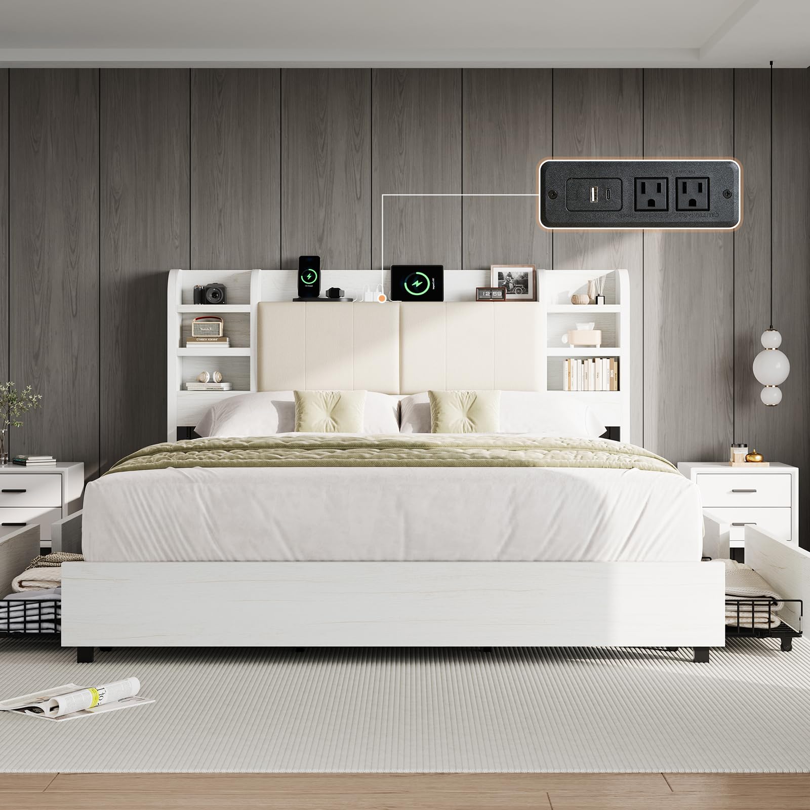 AMERLIFE King Size Bed Frame with 4 Storage Drawers, Upholstered Bed Frame with 47.2" Bookcase Headboard, Wooden Platform Bed with Charging Station/No Box Spring Needed/White
