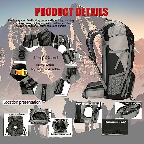 ALFREVER 70L Hiking Backpack, Waterproof Camping Essentials Bag, Lightweight Hiking Backpacking Back Outdoor Travel Pack (gray-black)