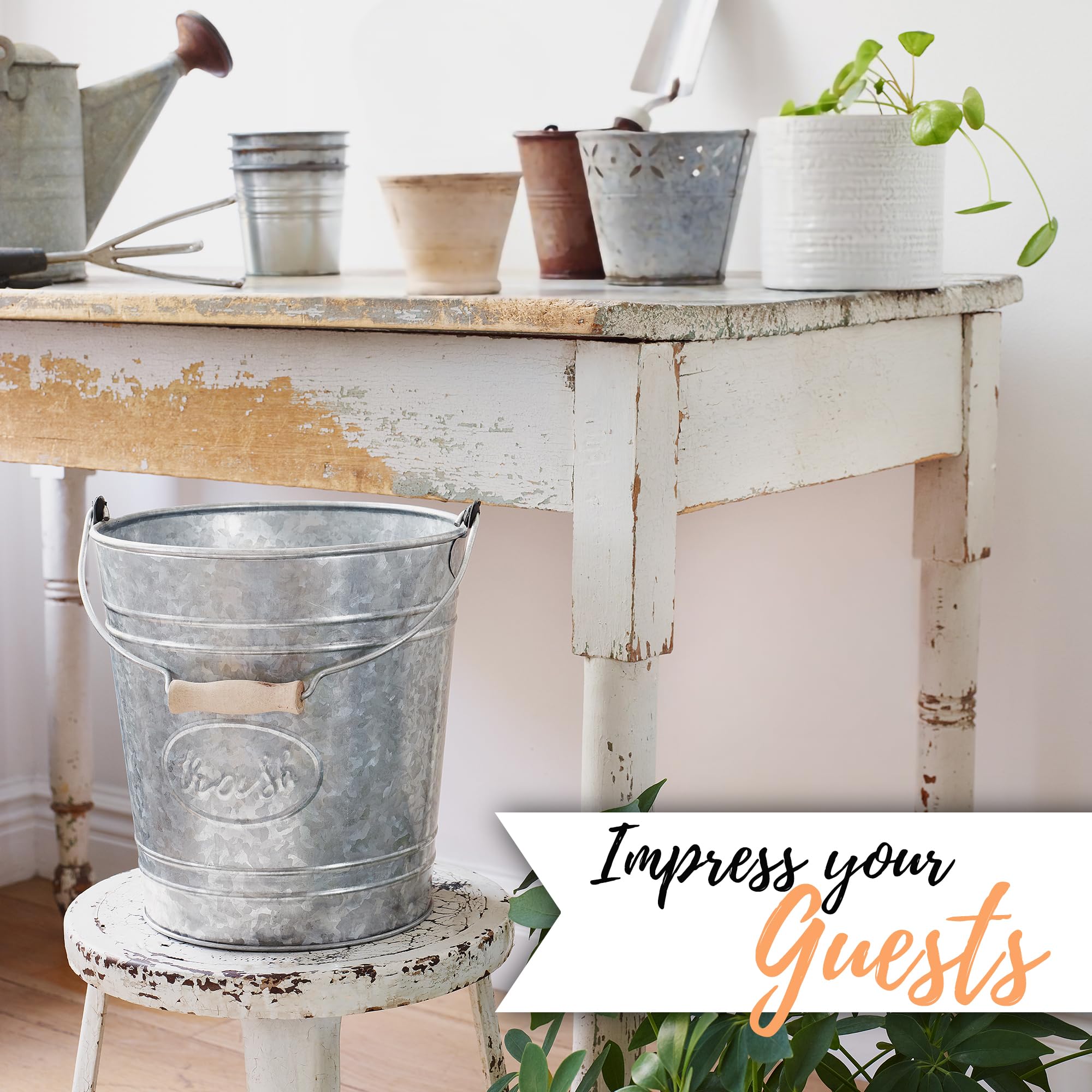 Autumn Alley Farmhouse 2 Pack Bathroom Trash Can - Rustic Galvanized Trash Can Bucket with Wooden Grip for Rustic Bathroom, Farmhouse Kitchen, Country Home Décor, 7 Liter, Galvanized Grey