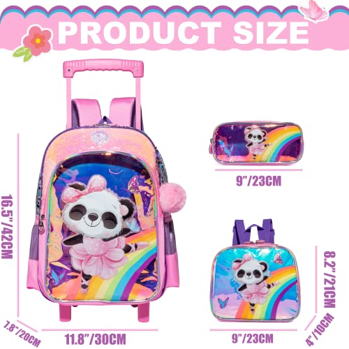 ZBAOGTW Panda Rolling Backpack for Girls with Lunch Box Kids Backpack with Wheels for School Sequin Trolley Trip Luggage Rolling Backpack for Kindergarten Girls Elementary School
