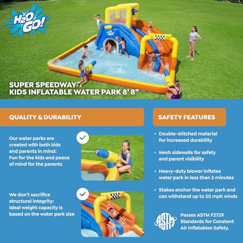 Bestway H2OGO! 18 x 16.5 x 8.7 Foot Super Double Racing Super Speedway Kids Inflatable Water Park with Air Blower, Ground Stakes, and Storage Bag