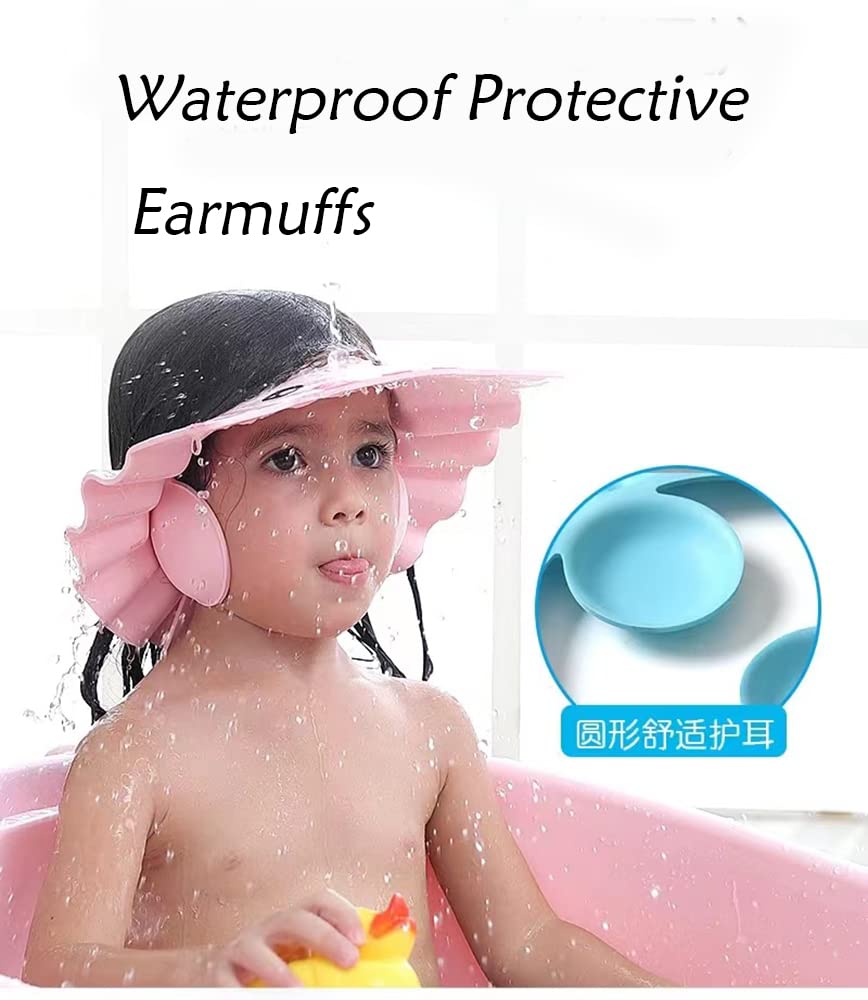 Anller 3 Pieces Baby Shower Cap, Soft Adjustable Bath Shampoo Cap with Ear Protection, Funny Cartoon Bathing Cap for Children, Kids and Toddlers(Pink+Blue+Yellow)