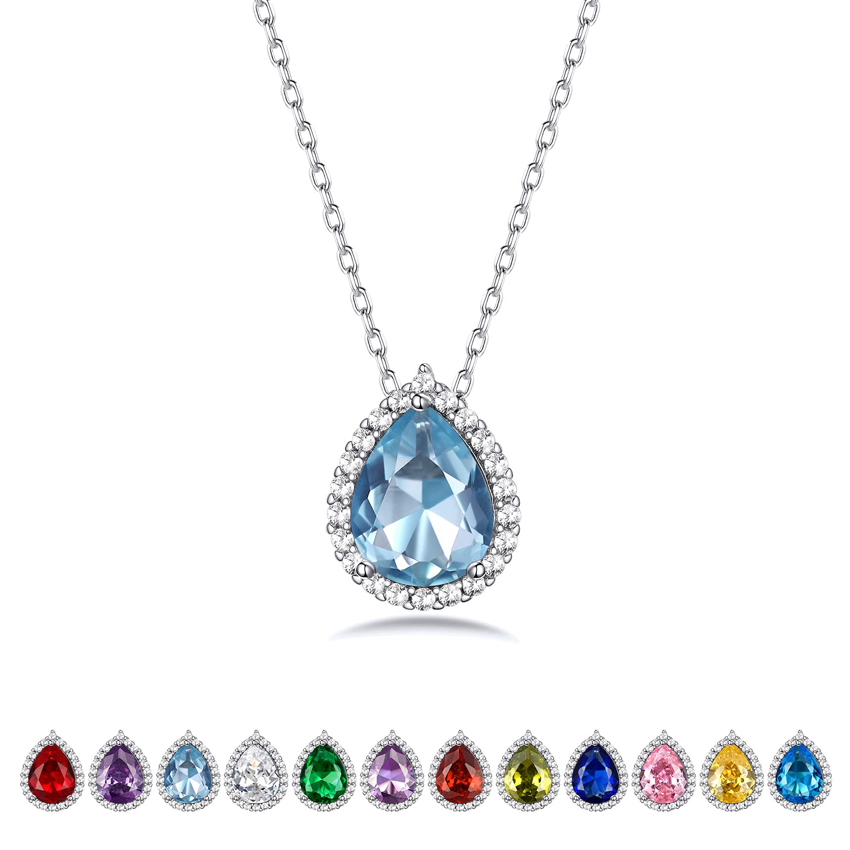 Bestyle 925 Sterling Silver Love Teardrop Cubic Zirconia Necklaces March Aquamarine Birthstone Crystal Pendant for Women, Hypoallergenic Necklaces for Sensitive Skin