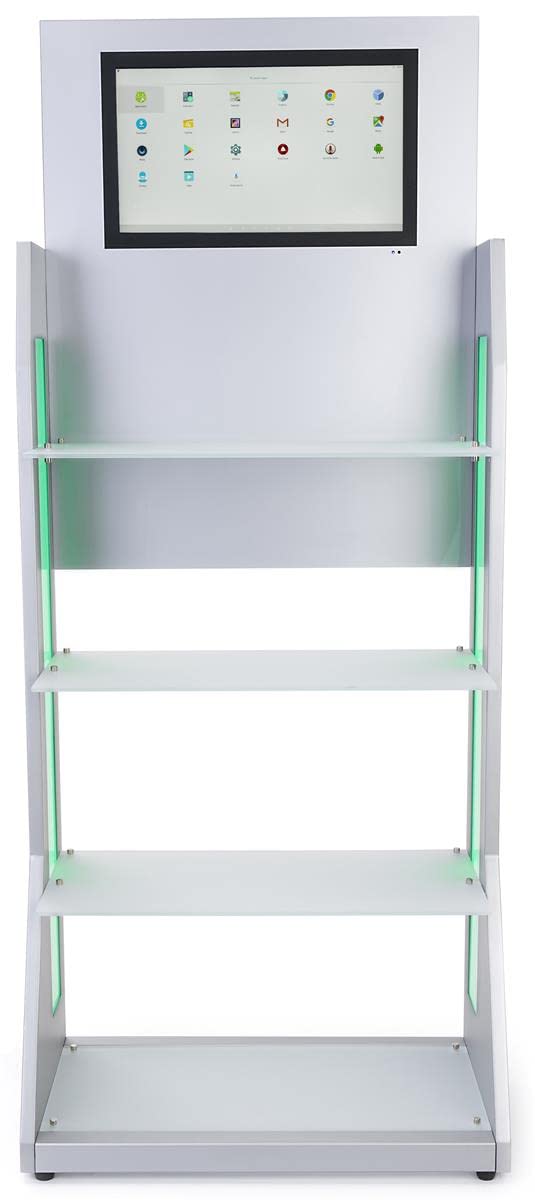 Displays2go LED Gondola with Digital Screen, Built-in Speaker, Four Shelves - Silver (SMFSDDSLED)
