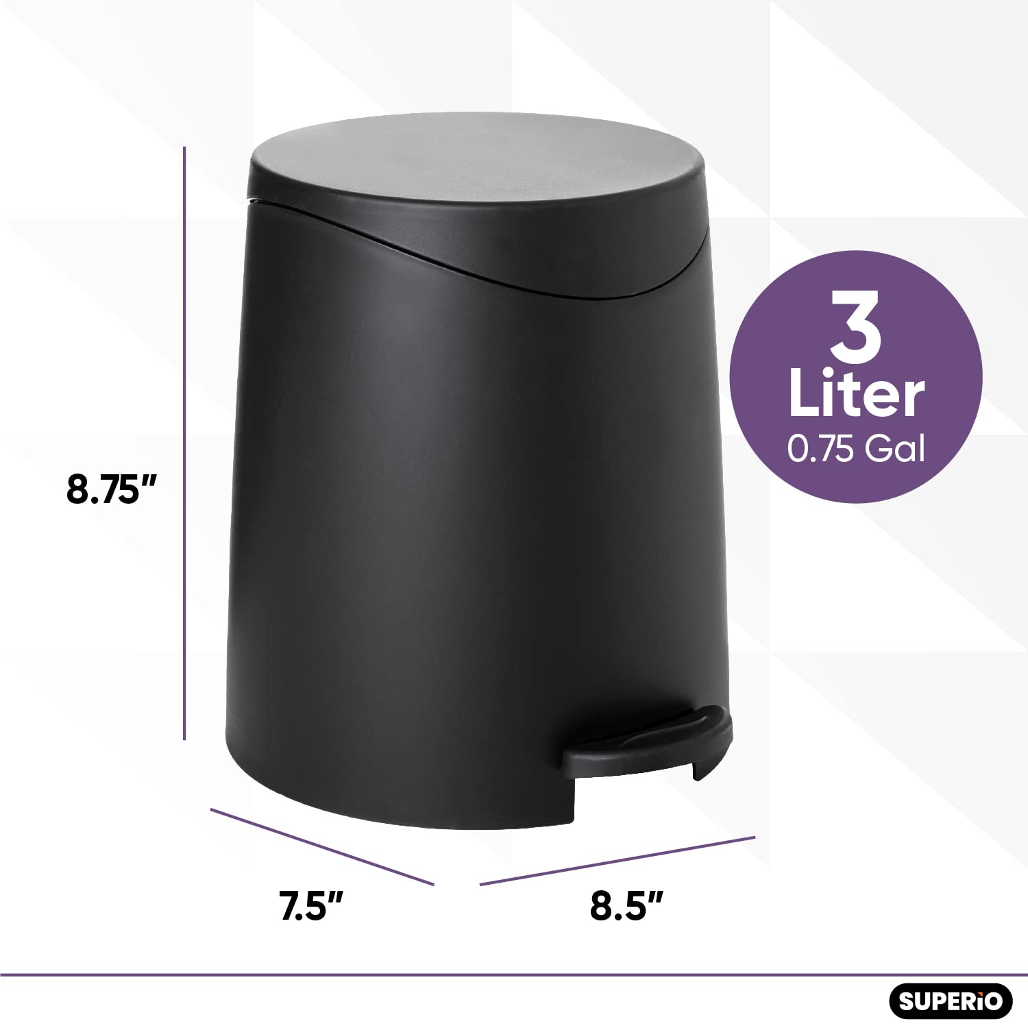 Superio Mini Bathroom Trash Can with Lid 3 Liter, Plastic Waste Bin 0.75 Gallon, Modern Flat Lid Step On Trash Can with Foot Pedal, for Bathroom, Bedroom, Office, Under Desk, Soft Close (2, Black)