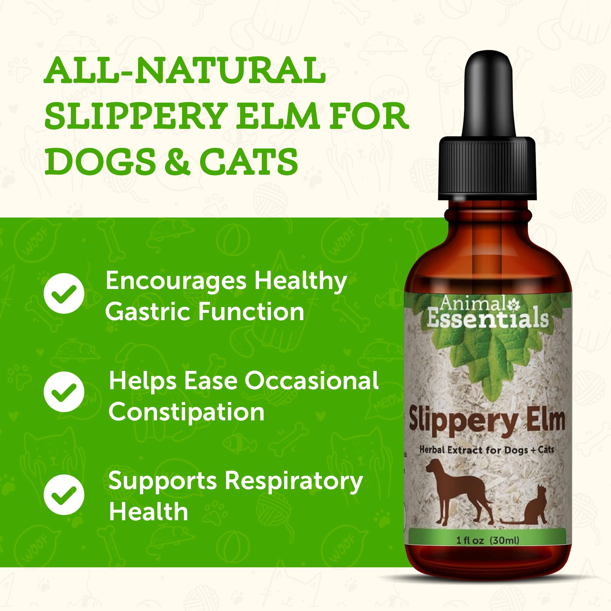 Animal Essentials Slippery Elm - Herbal Extract for Dogs and Cats, Promotes Healthy Digestion, Bowel Function, Certified Organic Herbs, All Natural, Respiratory Health, Liquid Formula - 1 Fl Oz