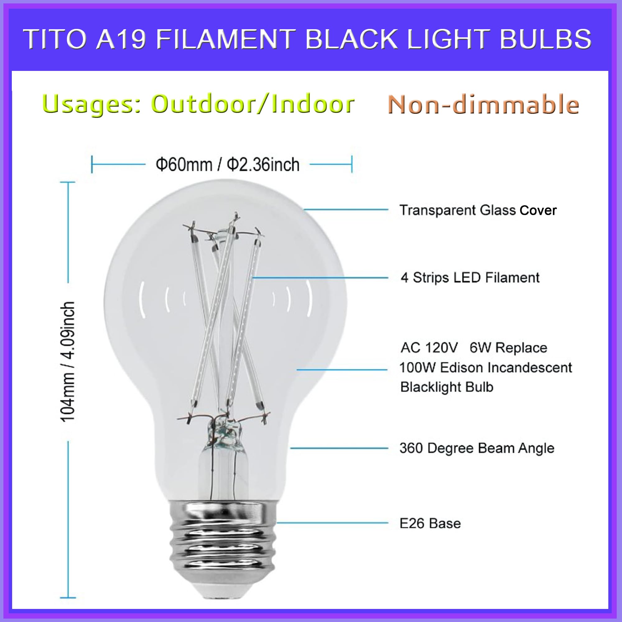 TITO 2 Pack E26 A19 Filament LED Black Light Bulbs, UVA 395nm 6W Blacklight Bulb 100W Equivalent, Black Light Bulb Glow in Dark Halloween Christmas Party Fluorescent Tapestry Poster Decor Body Paint