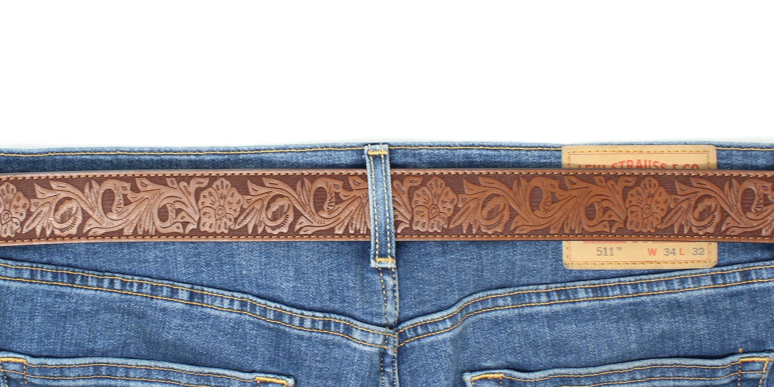 BC Belts Womens Leather Belt Strap with Embossed Western Flowers Pattern 1.5" Wide with Snaps (Brown-S)