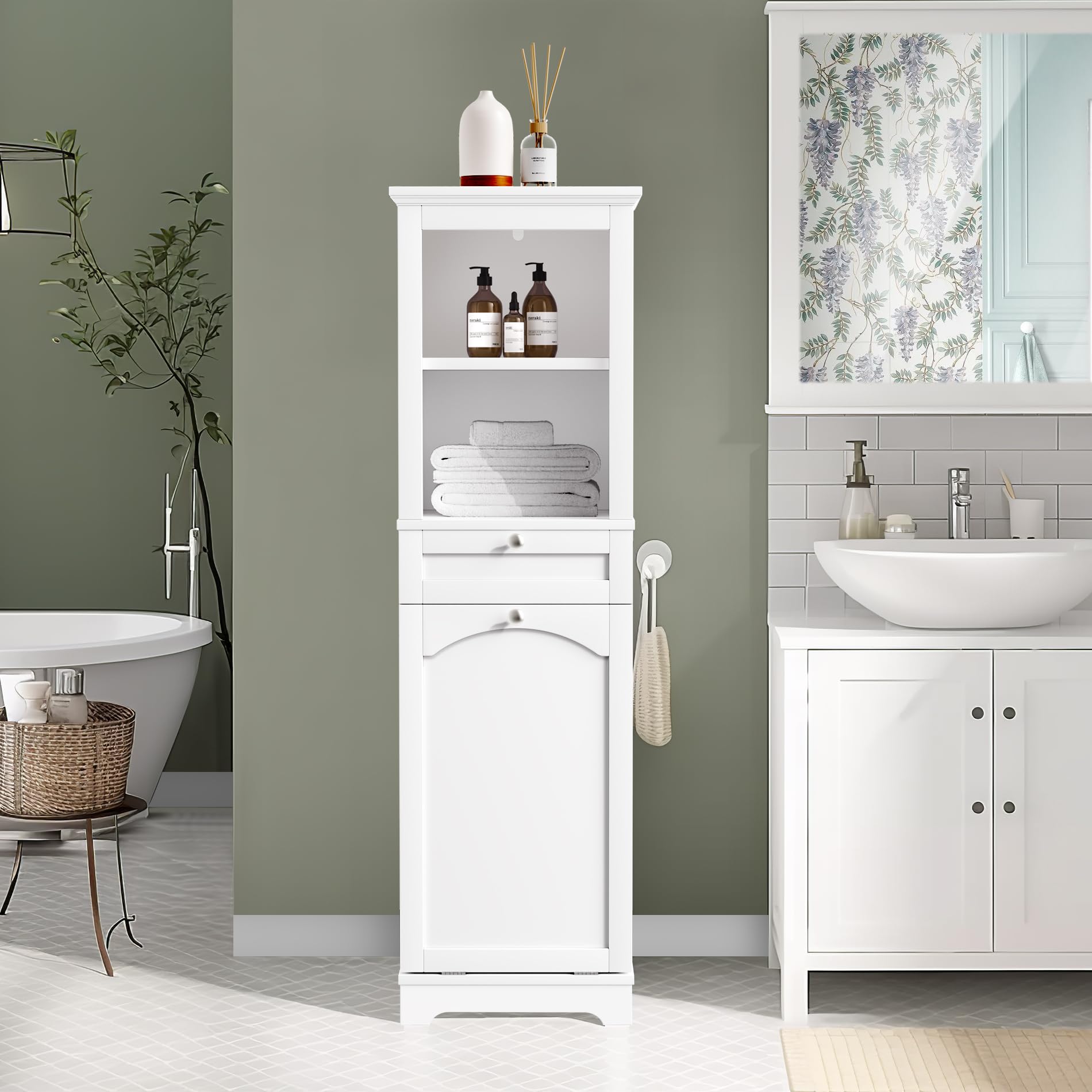 YITAHOME 53" Tall Tilt Out Laundry Hamper Cabinet Hidden Laundry Hamper with Storage Laundry Basket Cabinet with Drawer Bathroom Storage Cabinet Shelf with a Clothes Basket, White