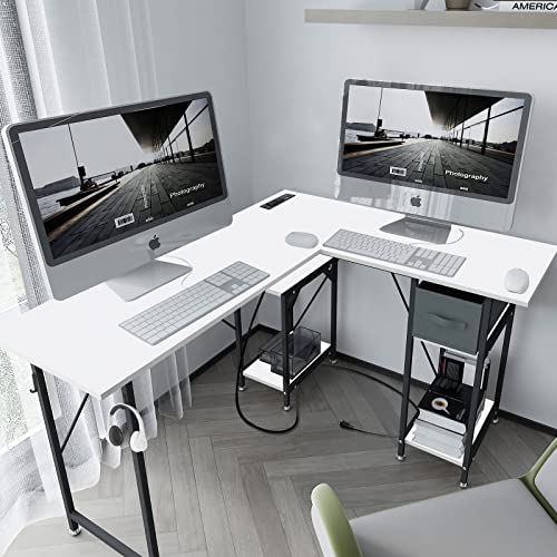 DLIUZ White L Shaped Desk with Drawers,L Modern Desk,Computer Gaming Desk with USB Charging Port and Power Outlet, 2 Person Long Writing Study Table with Shelves Reversible Home Office Corner Desk