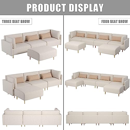 MGH 143''Convertible Sectional Sofa , Modern Linen Fabric U-Shape Modular Couch 4-Seat Sofa Sectional with Reversible Ottomans for Apartment Living Room Furniture Sets, Beige (HQ-023B)