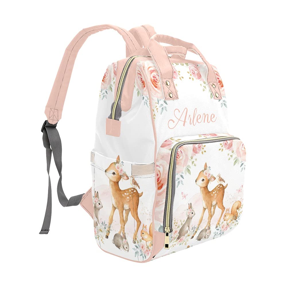 Yeshop Deer Bunny Floral Pink Woodland Multi-Function Personalized Diaper Bag Backpack Tote with Name,Custom Travel Nappy Mommy for Baby Girl Boy Gift, 10.83 inches * 6.69 inches* 15