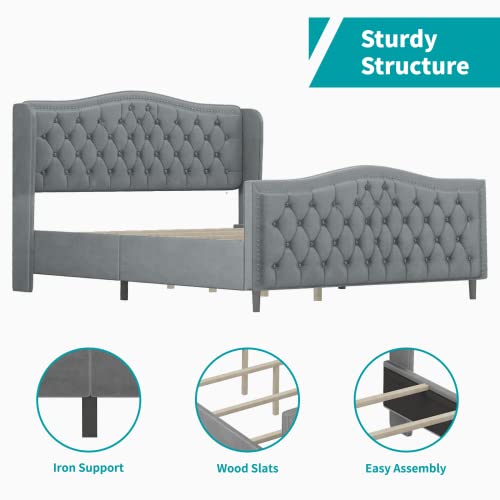 BALUS King Wingback Bed Frame with Headboard,Upholstered Platform Bed Frame Dutch Velvet Upholstered Bed,Modern Design,Available in 3 Sizes and 3 Colors Panel Bed Frame (Silver Gray)