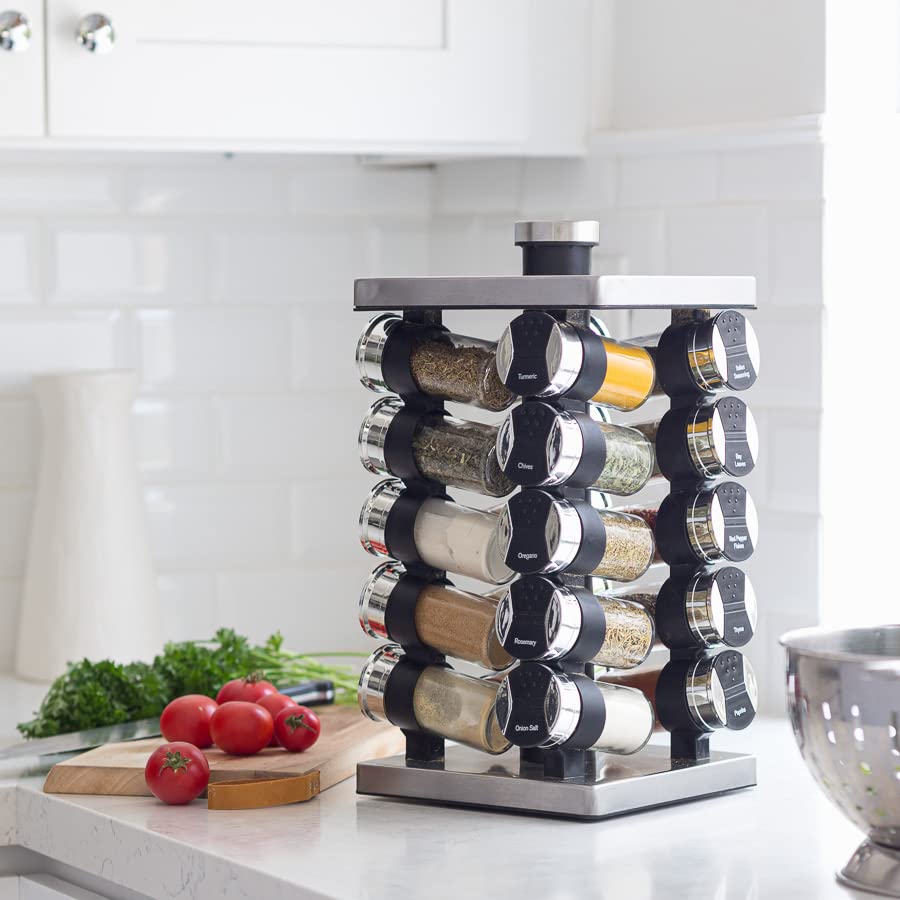 Orii Rotunda 20 Jar Spice Rack Filled with Spices & Top Label - Rotating Standing Rack Shelf Holder & Countertop Spice Rack Tower Organizer for Kitchen Spices, Free Spice Refill for 5 Years