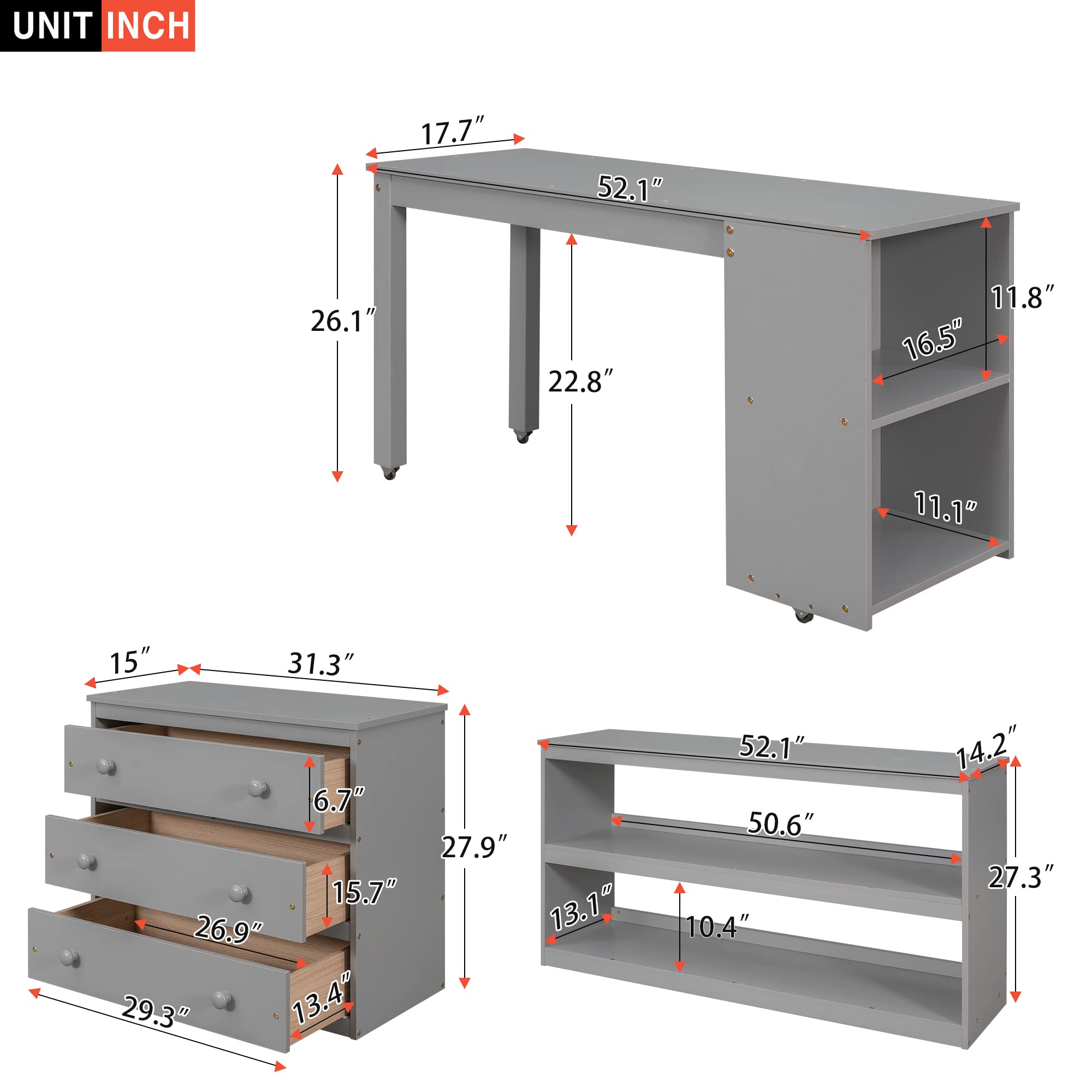 Bellemave Low Full Loft Bed with Desk and Dresser Wood Kids Loft Beds Frame with Cabinet & Storage Shelves & Rolling Portable Desk for Juniors, Teen, Boys, Girls, Full Size, Gray