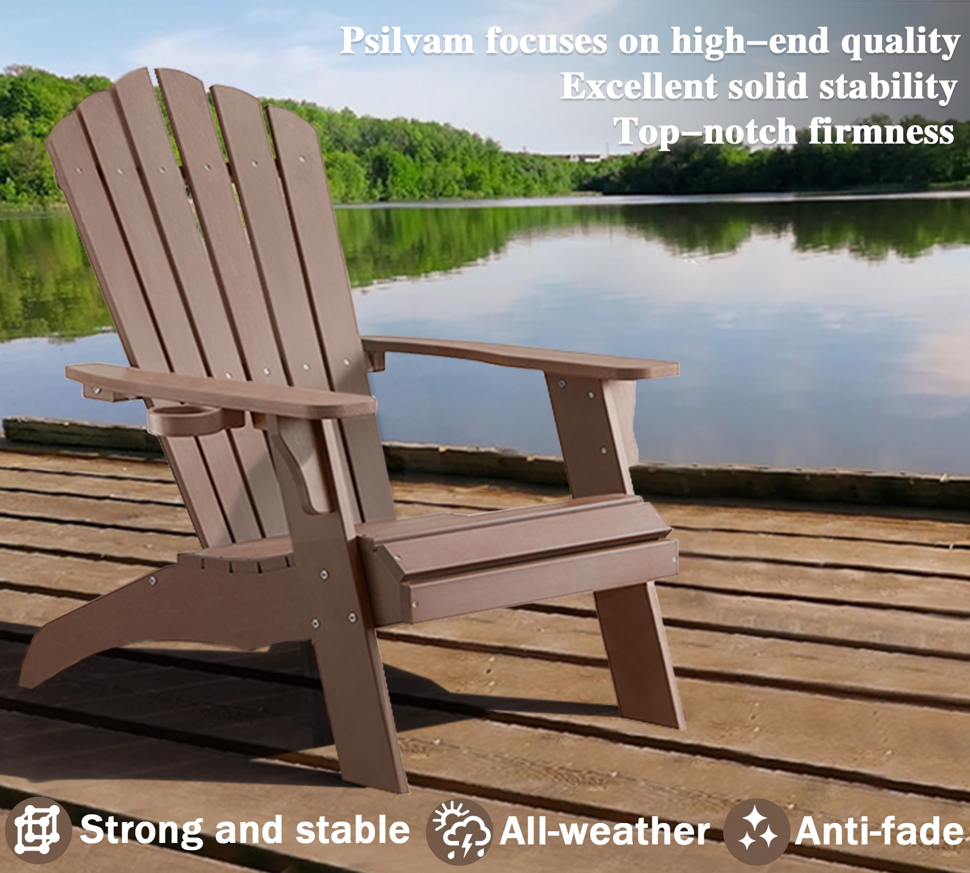 Psilvam Adirondack Chair, Oversized Poly Lumber Fire Pit Chair with Cup Holder, 350Lbs Support Patio Chairs for Garden, Weather Resistant Adirondack Chair Looks Like Real Wood (2, Brown)