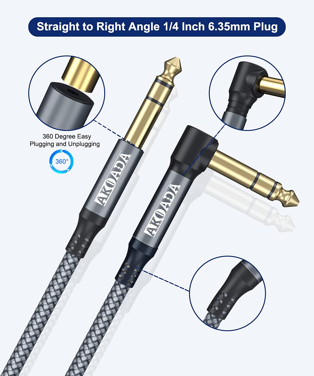 AkoaDa 1/4 Inch TRS Instrument Cable (10ft 2Pack), Right Angle 6.35mm Male Jack Stereo Audio Interconnect Cord,Compatible for Bass,Keyboard,Mixer,Amplifier,Amp,Electric Guitar,Speaker
