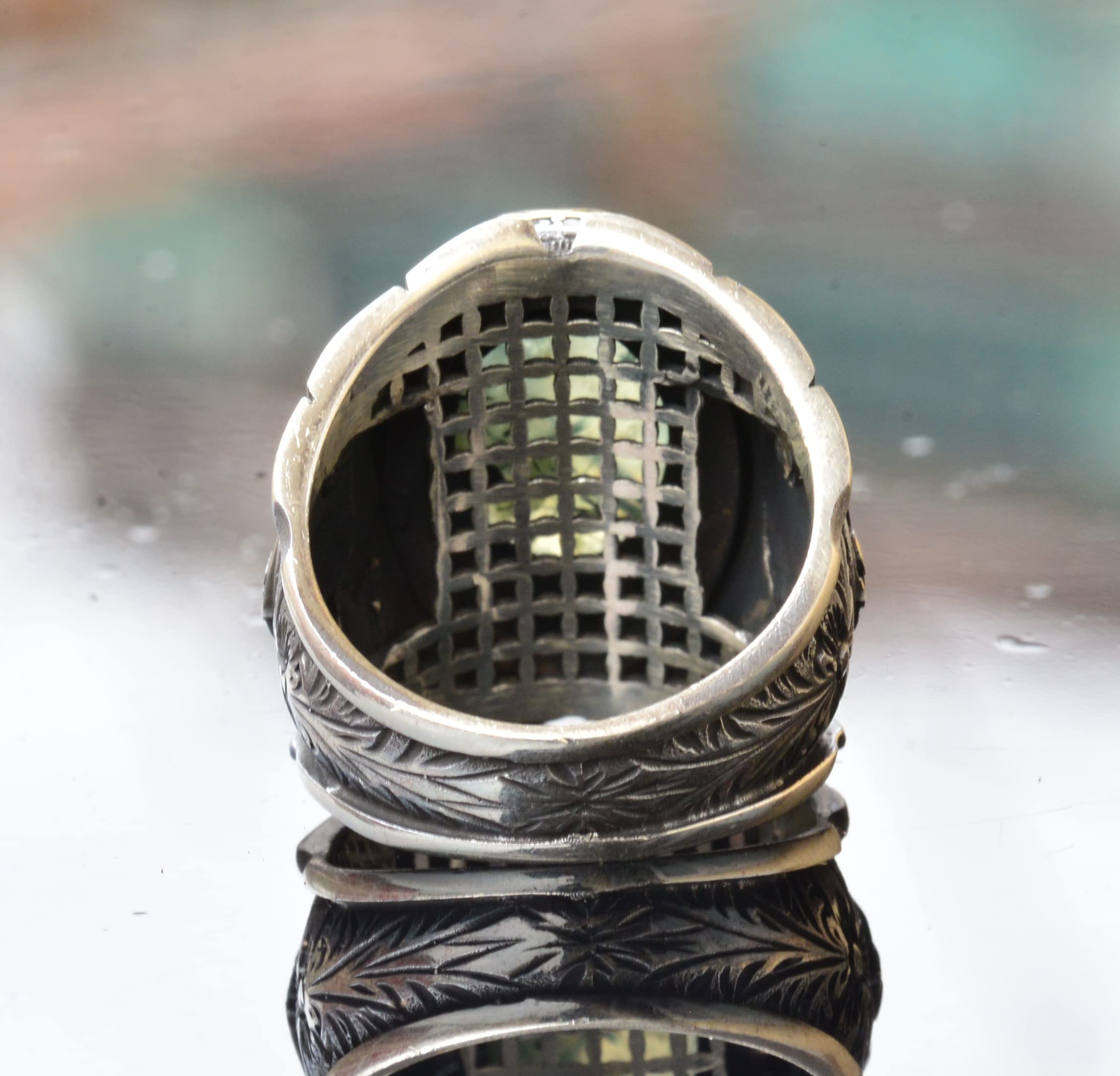 925 Sterling Silver Men's Ring with Natural Prehnite Stone, Handcrafted Unique Design, Green Gemstone Ring for Men