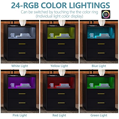 dnbss Black Nightstand with Charging Station, Night Stands with 24-Color RGB LED Lights, Smart Nightstand Black Bedside Table with Drawers, Modern Side Tables Bedroom