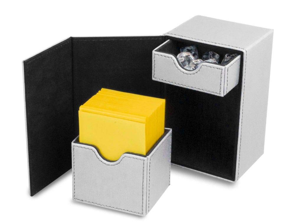 BCW Deck Vault LX 80 | White Faux Leather Trading Card Storage Box | Holds 80+ Sleeved Cards | Flip-Open Design with Magnetic Closure | Includes Inner Deck Box & Dice Tray