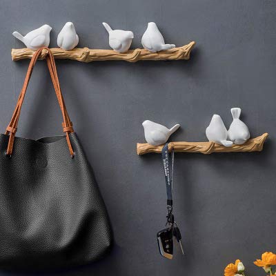 Sweet FanMuLin Resin Decorative Birds On Tree Branch Decor Wall Mounted Coat Rack Art Decor Hanger for Coats/Hats/Keys/Towels/Clothes Storage Hanger (4 Hooks, White)