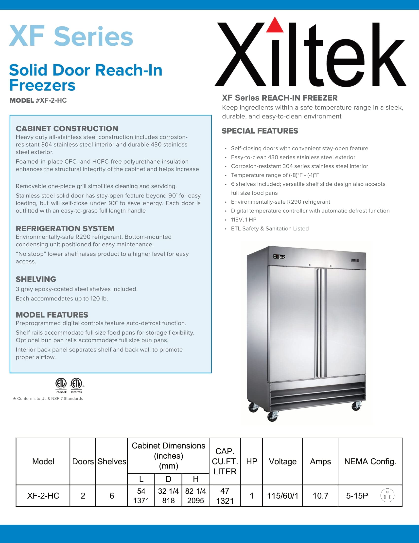 Xiltek 54" Two Solid Door Reach In Commercial Freezer Stainless Interior 47 cu.ft