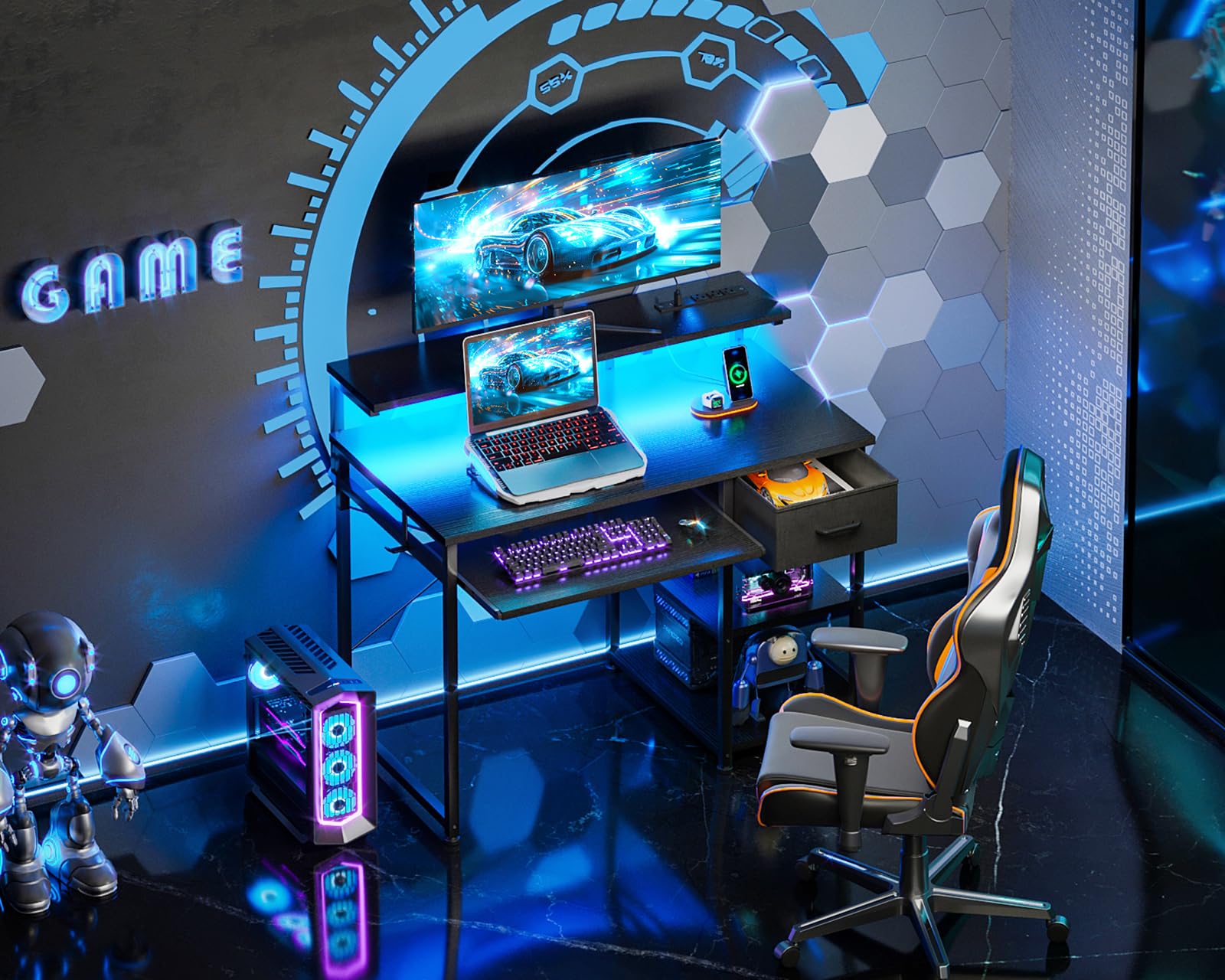 AODK Gaming Desk with LED Lights & Power Outlet, 40 Inch Small Computer Desk with Keyboard Tray, Office Desk with Drawer, Reversible Desk with Adjustable Monitor Shelf and Storage Shelf, Black