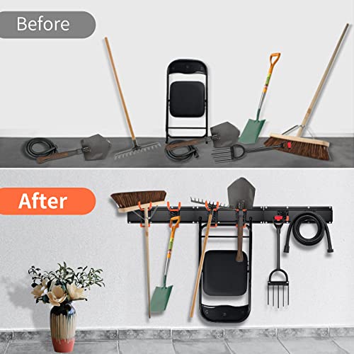 Oududianzi Garden Tool Storage Rack, Garage Tool Organizer Wall Mount, Garden Tool Rack with 6pcs Heavy Duty Steel Hooks, holder wall mount, Lawn tool storage, 48 Inch 3 Rails, Max Load to 500lbs