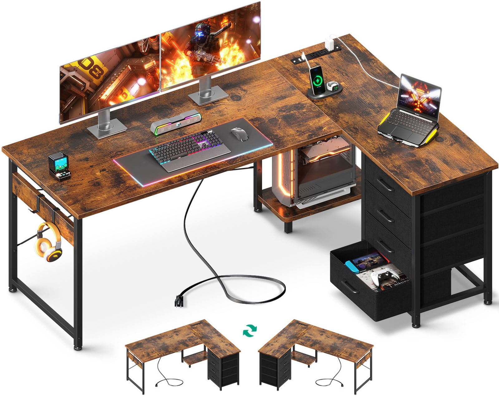 AODK L Shaped Desk with 4 Tier Drawers, 61" Reversible Gaming Desk with Power Outlets, L Shaped Computer Desk with USB Charging Port and Host Stand, Home Office Corner Desk, Easy to Assemble, Vintage