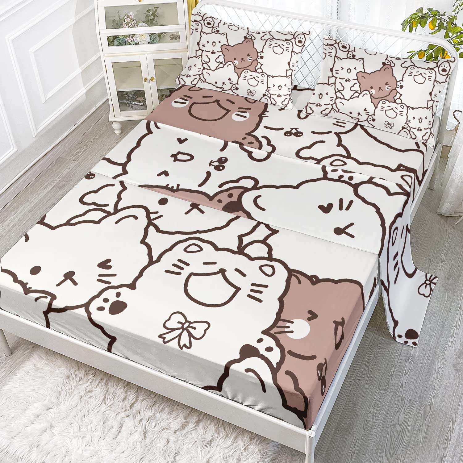 CVHouse Kawaii Cat Bed Set Sheets Full Size,Kawaii Cartoon Cat Bedding Sets for Girls Kids Teens,Cute Cat Fitted Sheet Sets,1 Flat Sheet & 1 Fitted Sheet with 2 Pillow Cases - 4 Pieces