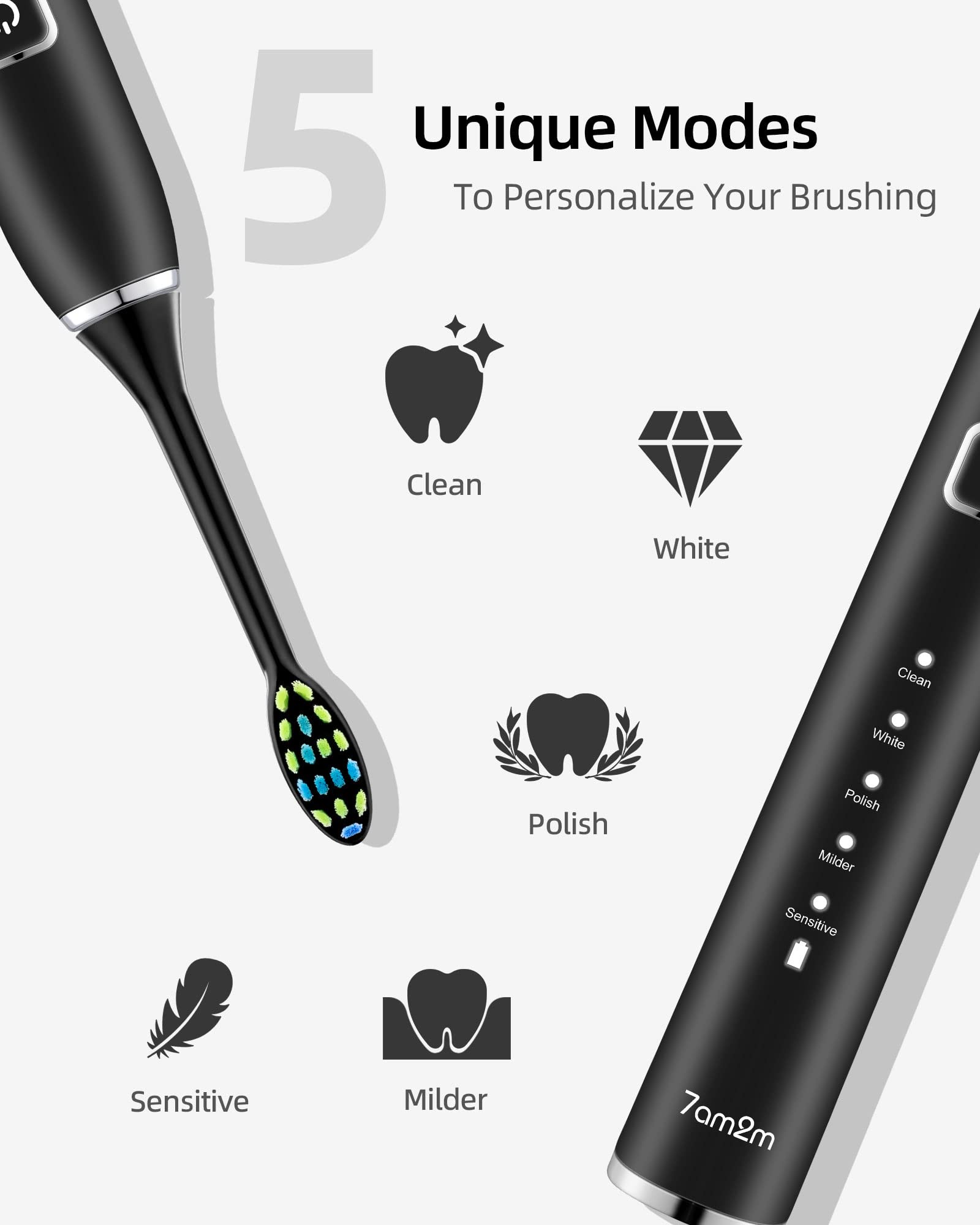 7AM2M Rechargeable Sonic Electric Toothbrush AM101 Package with 10 Brush Heads