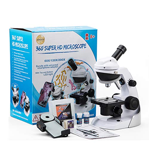 SWIFT Microscope for Kids Children Student 60X-200X,Compound Monocular Microscope with 42 PCS Accessories Including Smartphone Adapter, 10 PCS Blank Slides for Beginners