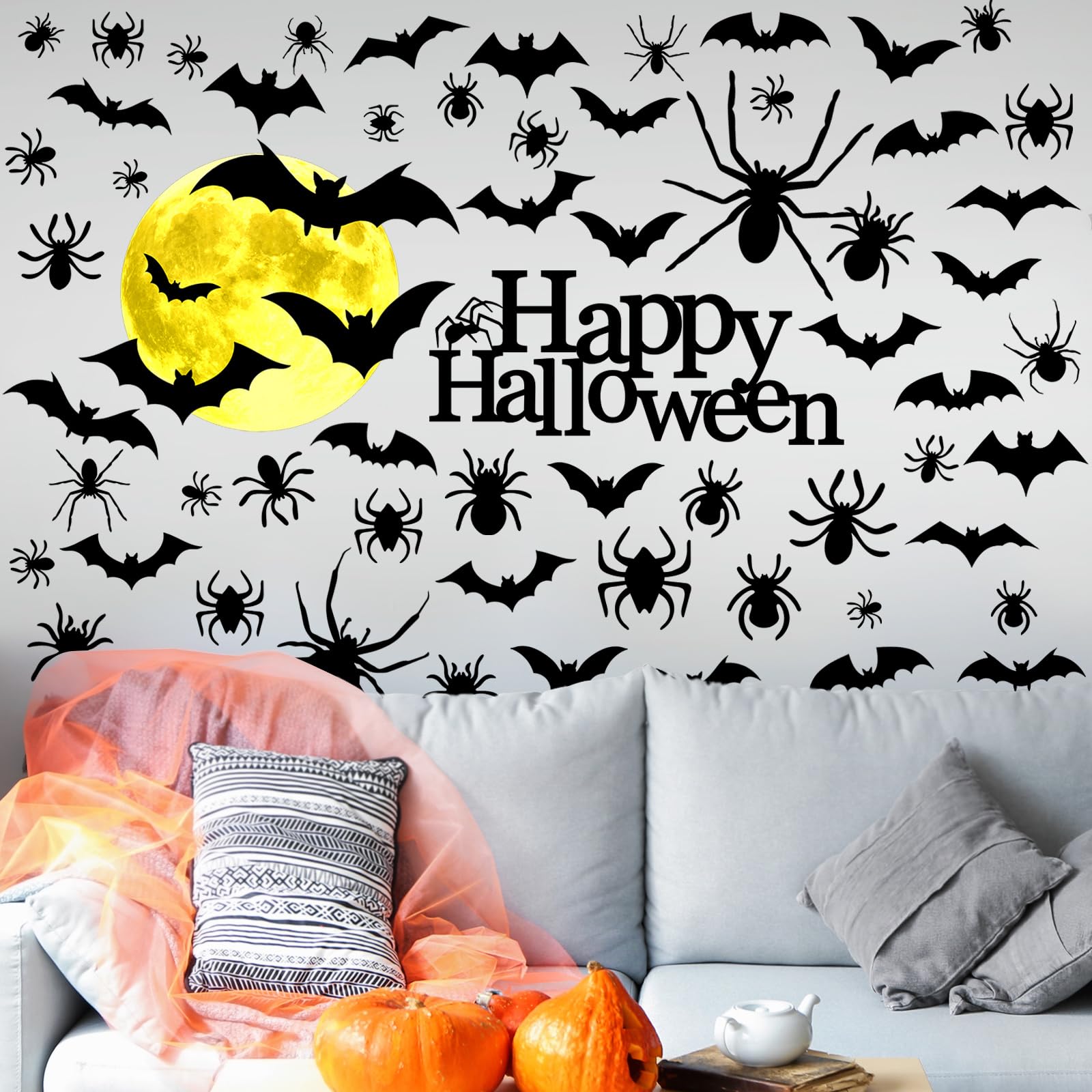 Qeeenar 76 Pcs Halloween Moon Wall Decal Halloween Bat Wall Stickers Vinyl Bat Wall Decals Halloween Removable Halloween Spiders Wall Sticker Halloween Bats Wall Decals Party Decorations, 6 Sheets