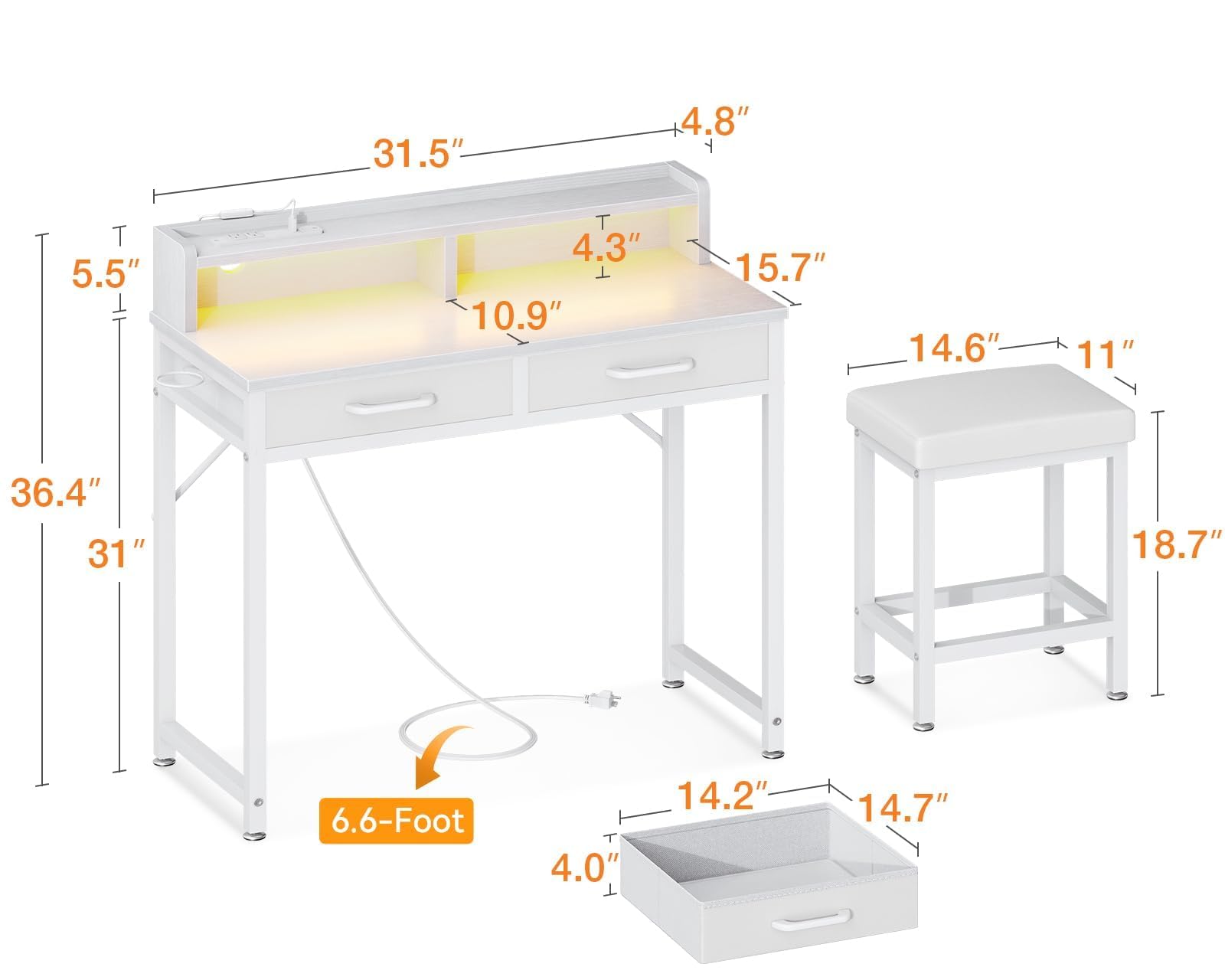 AODK Vanity Desk with Vanity Chair, Makeup Vanity with LED Lights, White Small Vanity Desk Without Mirror, 32 Inch Makeup Table for Small Space with 2 Fabric Drawers, Desk Make Up Vanity for Girls