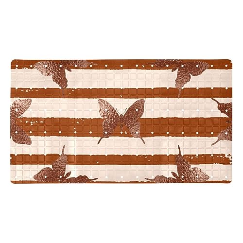 Bath Tub Shower Mat - Anti-Slip PVC Material 15.1x26.8 in, Gentle Cushioning Quick Drying Suction Cups Reliable Solution - Stripes and Butterfly Patterns Non-Slip Floor Mat