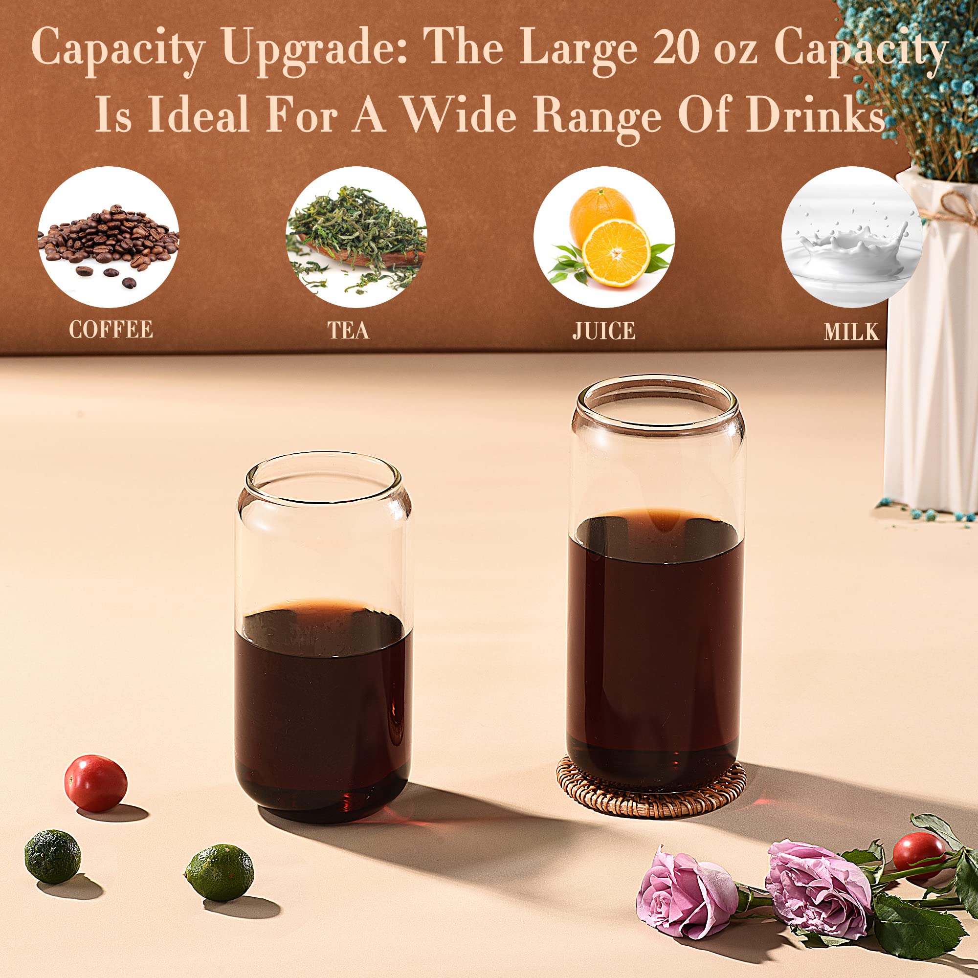 AJARAERA 20 oz Glass Cups with Lids and Straws,Beer Glasses,Drinking Glasses, Iced Coffee Cup,Glass Cups of 12