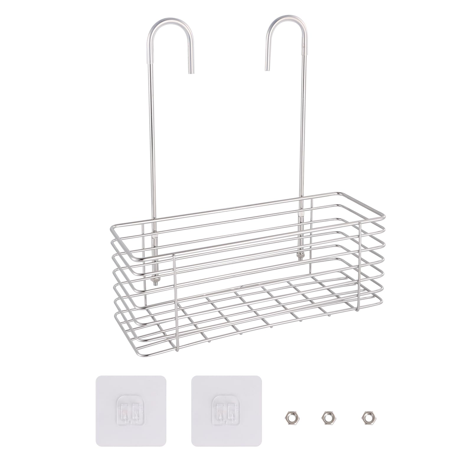 Mewutal Hanging Shower Basket 304 Stainless Steel Bathroom Storage Rack Movable Shampoo Bracket Single Layer Shelf with Rotatable Hooks, for Bath Ball Soap Towel Face Wash (310×280×100mm/12×11"×4")